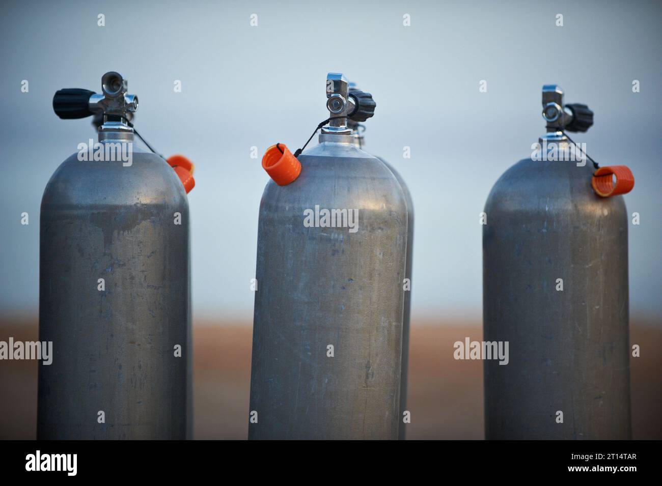 Collection of grey scuba diving air oxygen tanks waiting lined up Stock ...