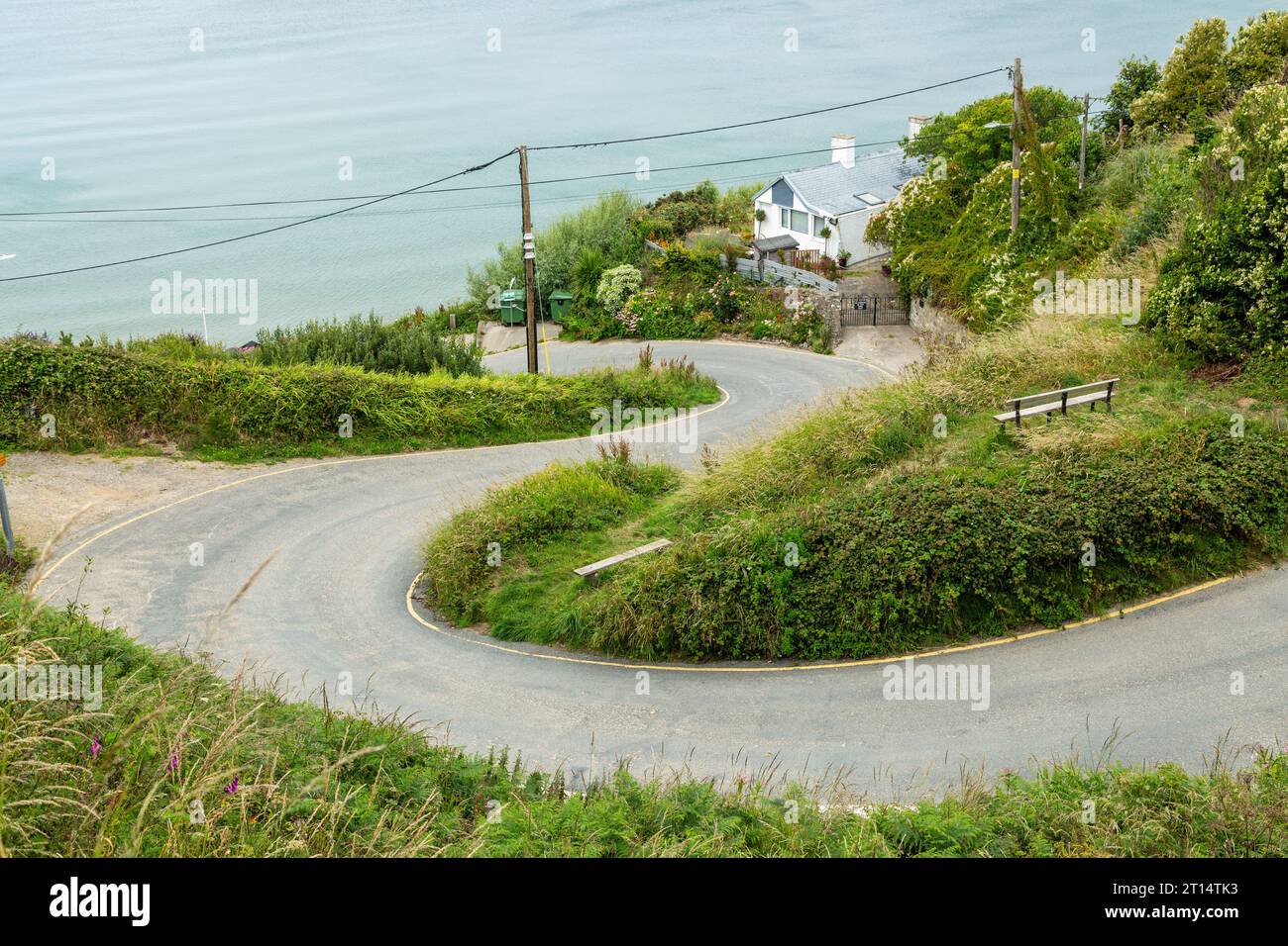 steep hairpin road to the village Nefyn, Llyn Peninsula, Gwynedd, Wales ...