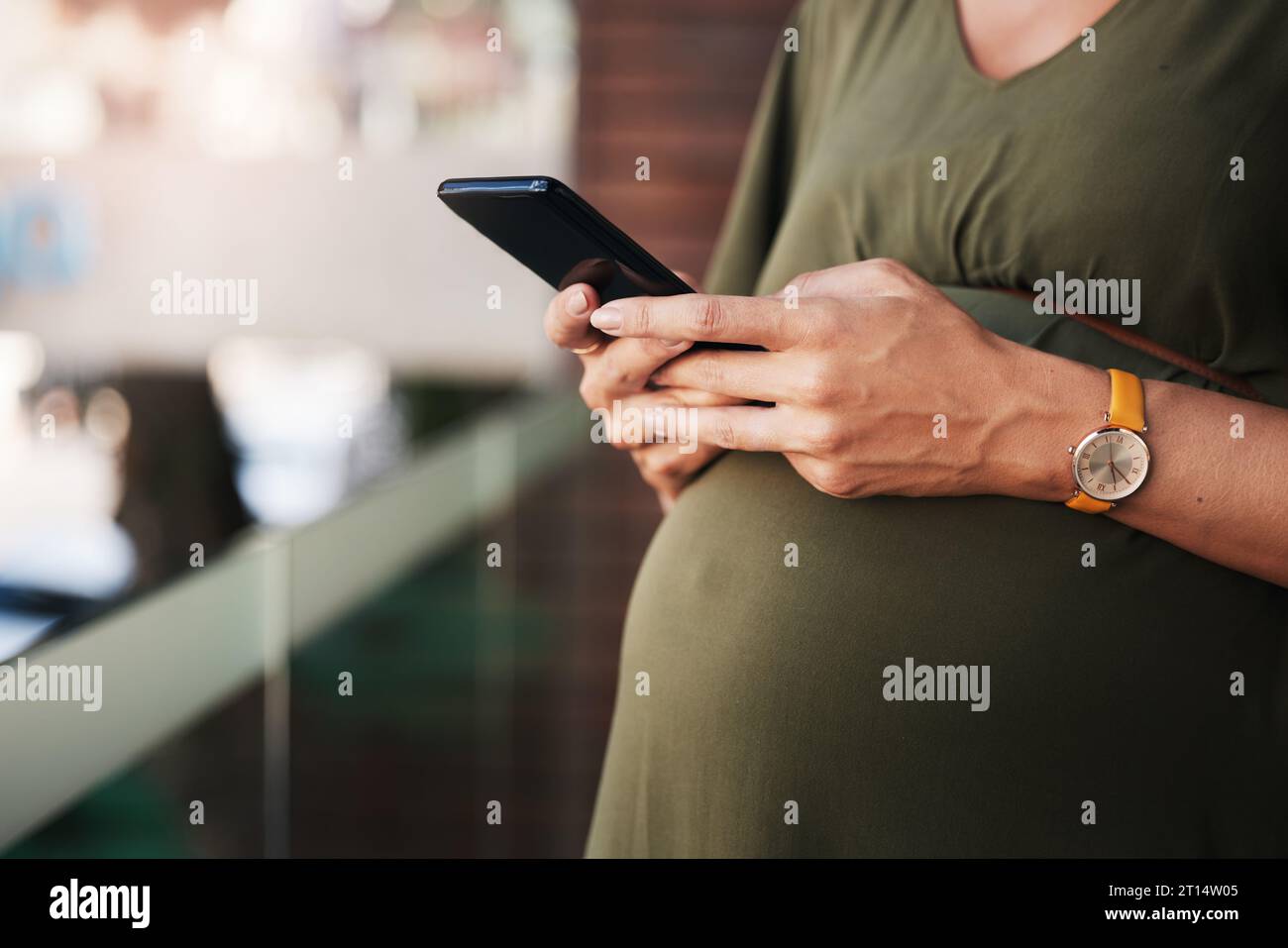 Hands, phone and pregnant woman typing in home, reading email ...
