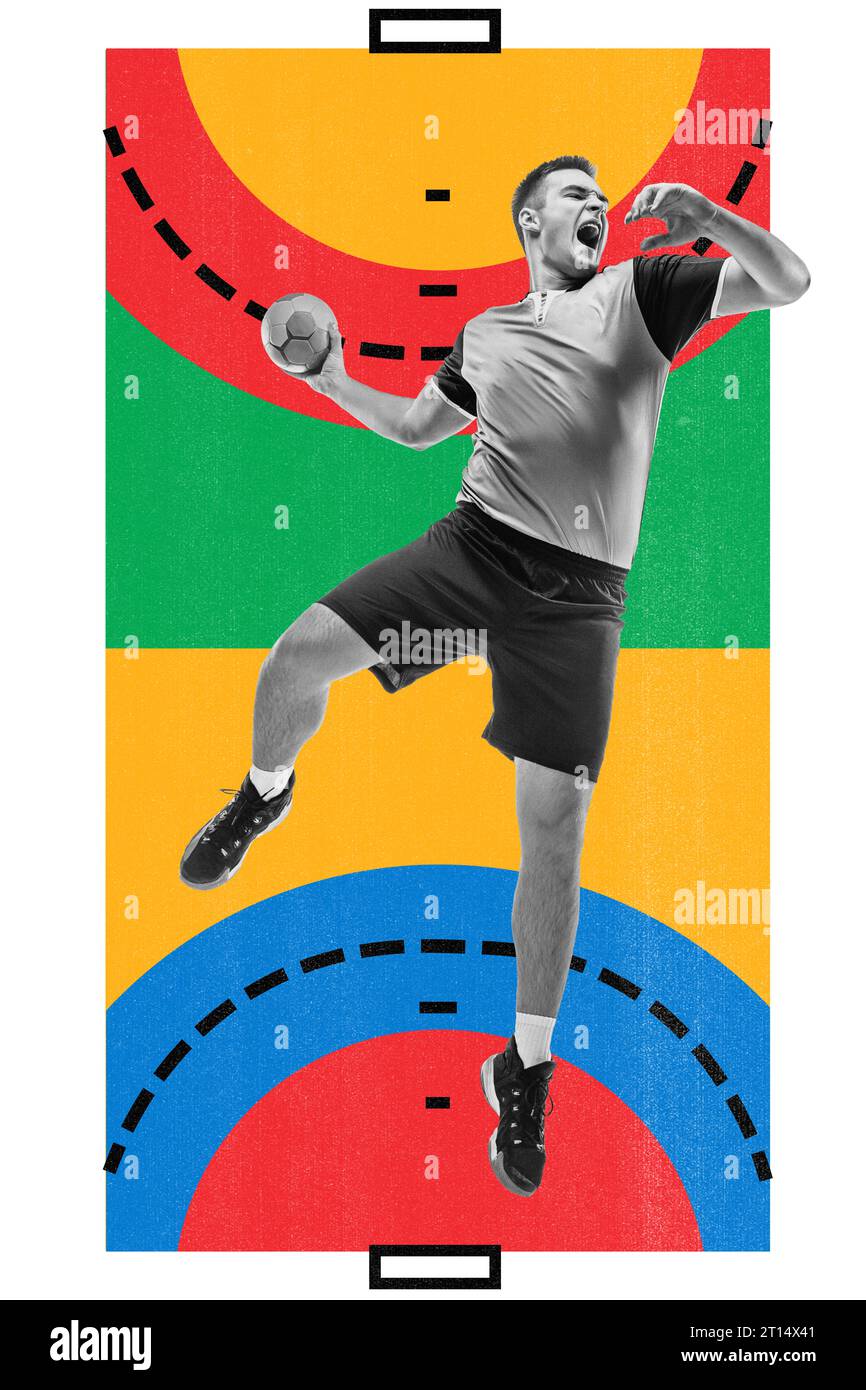 Competitive and motivated young man, handball player in motion ...