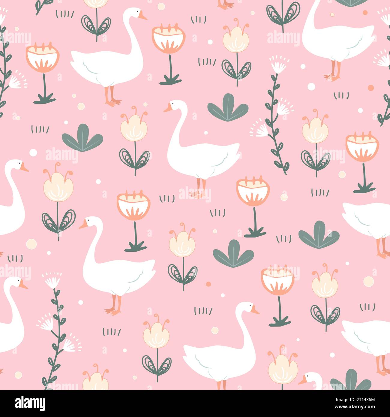 Cute seamless pattern with goose and doodle meadow flowers on pink ...