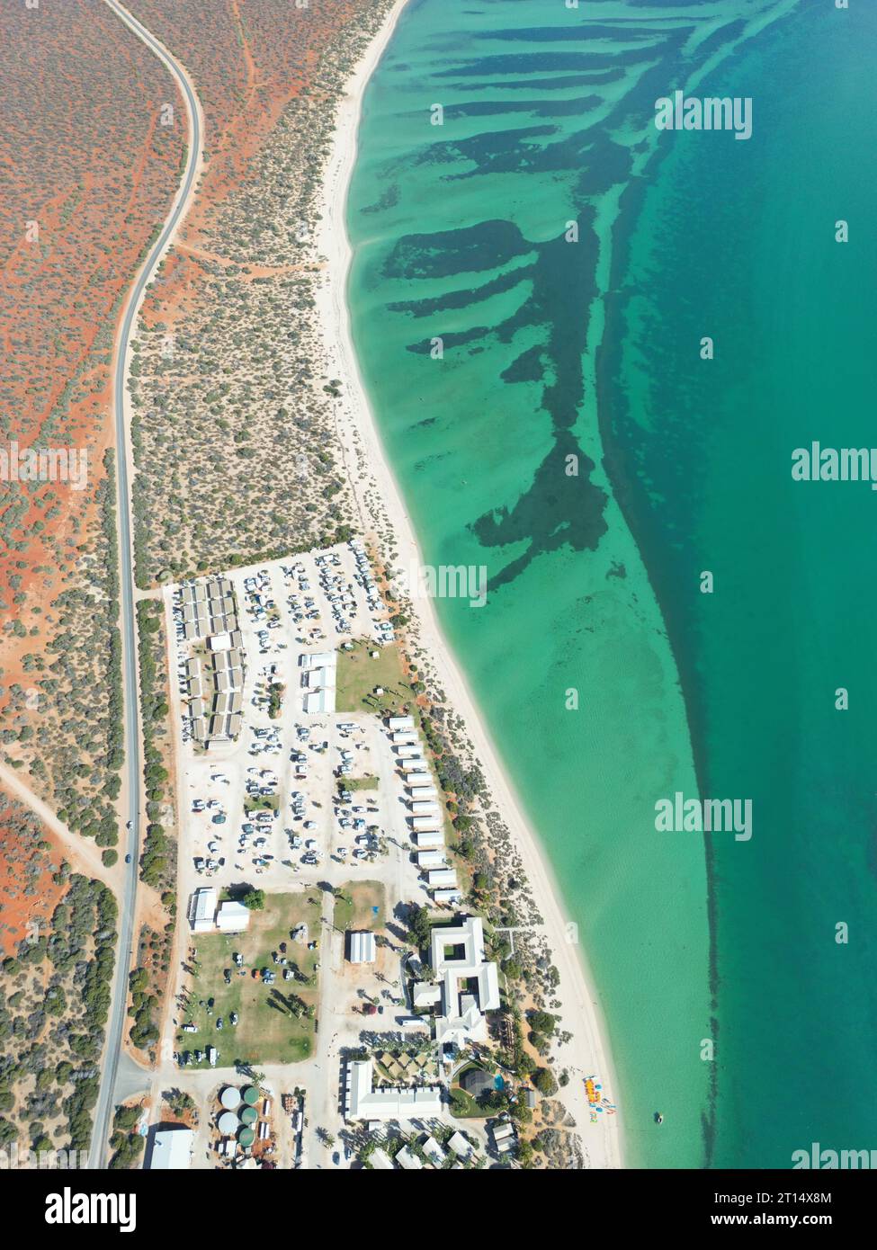 An aerial view of the town of Monkey Mia in Western Australia with a ...