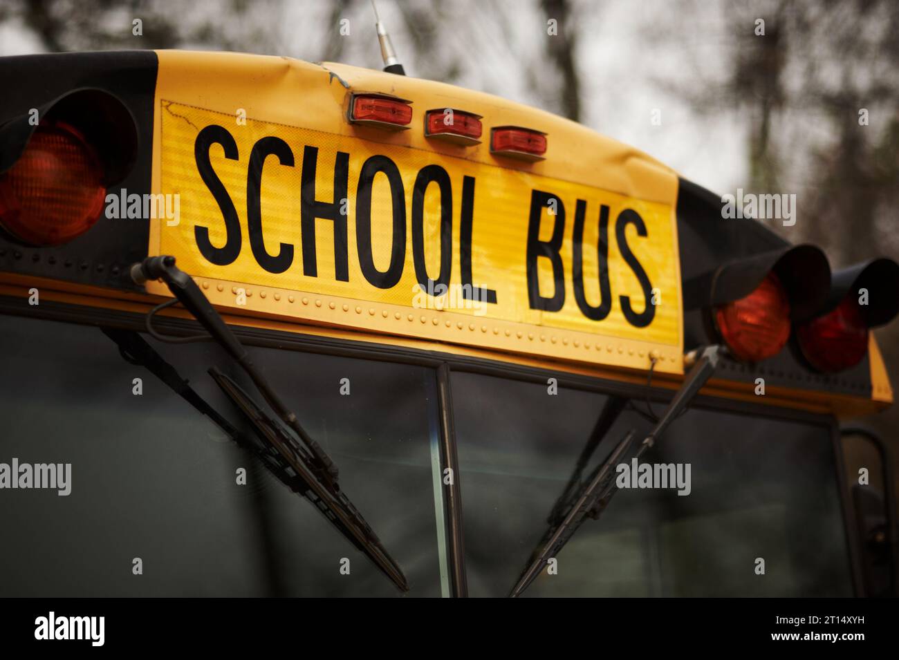 North American school bus windshield close up Stock Photo - Alamy