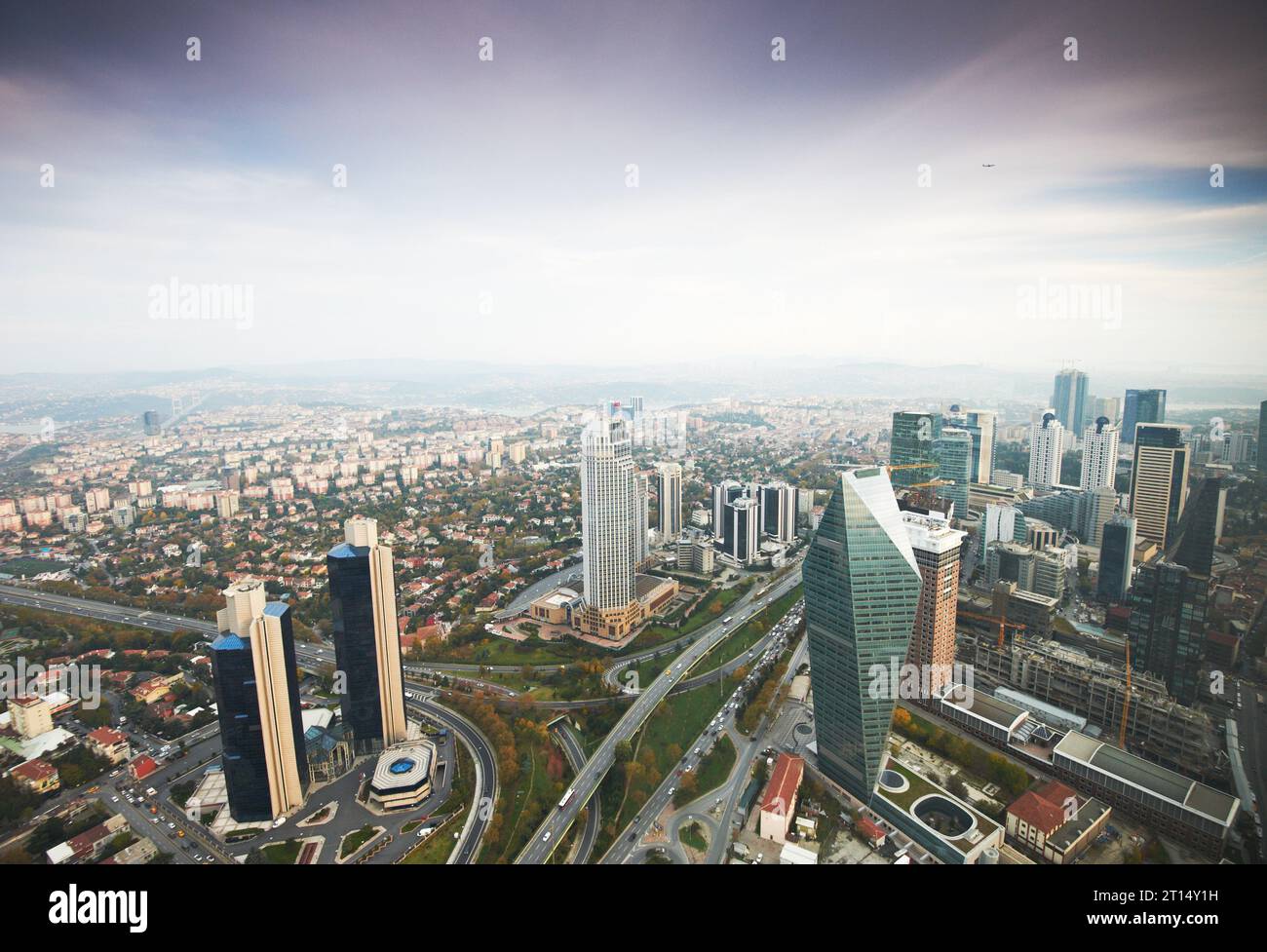 Aerial view of the Istanbul city downtown with skyscrapers at sunset ...