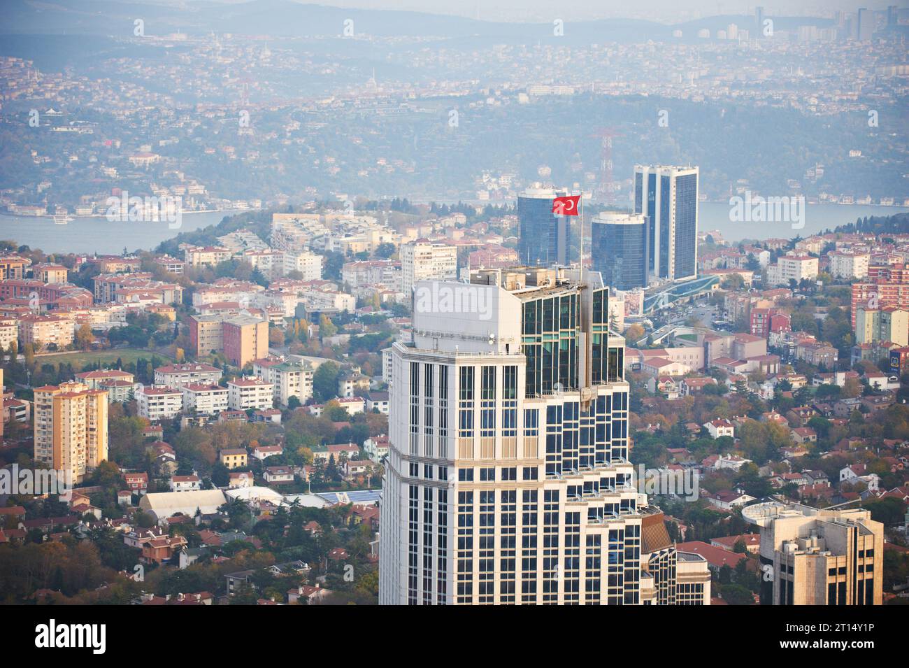 Aerial view of the Istanbul city downtown with skyscrapers at sunset ...