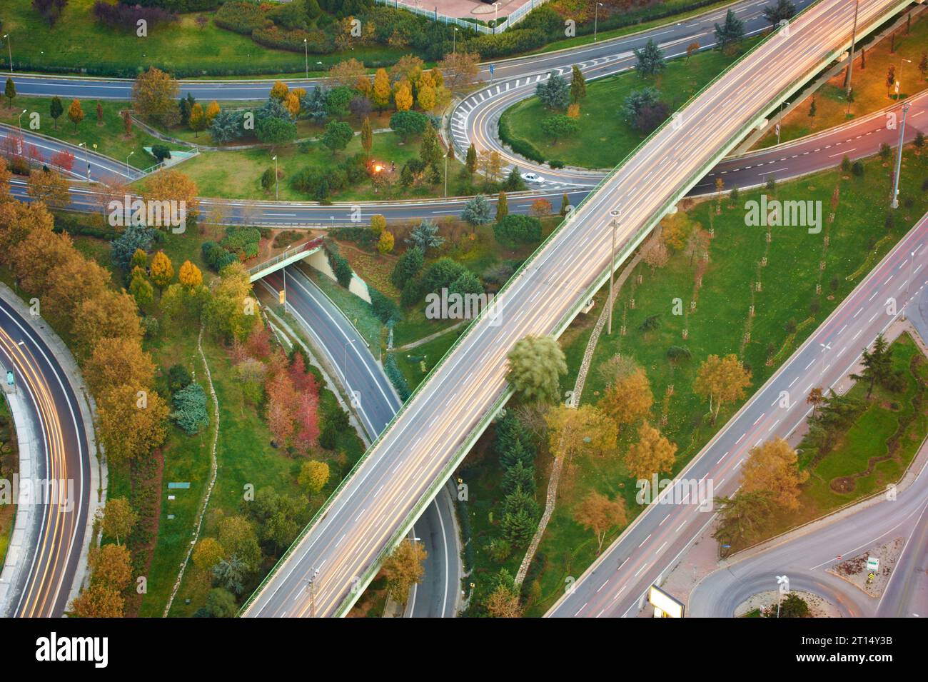 Aerial View Above of Highway Road Junctions at Sunset. The Intersecting ...