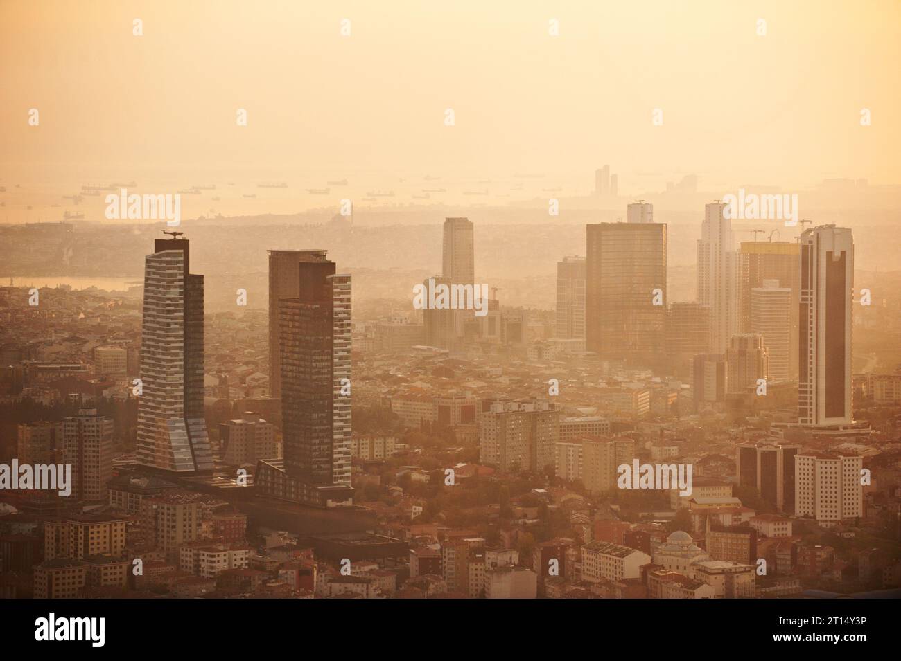 Aerial view of the Istanbul city downtown with skyscrapers at sunset ...