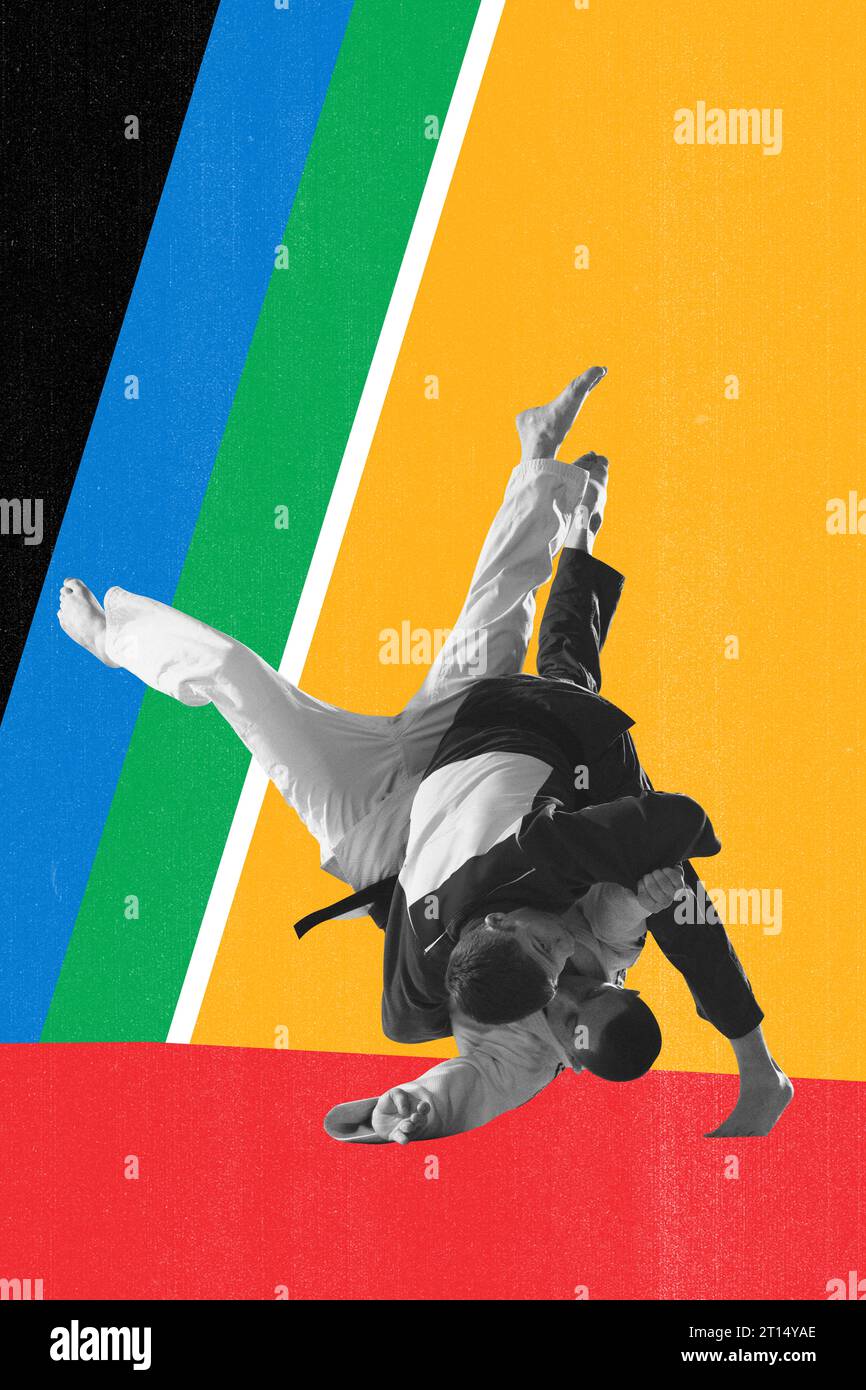 Two men, karate, taekwondo athletes in kimono fighting over ...