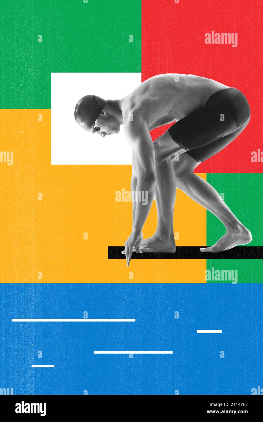 Young muscular man, professional swimmer preparing to swim into pool ...