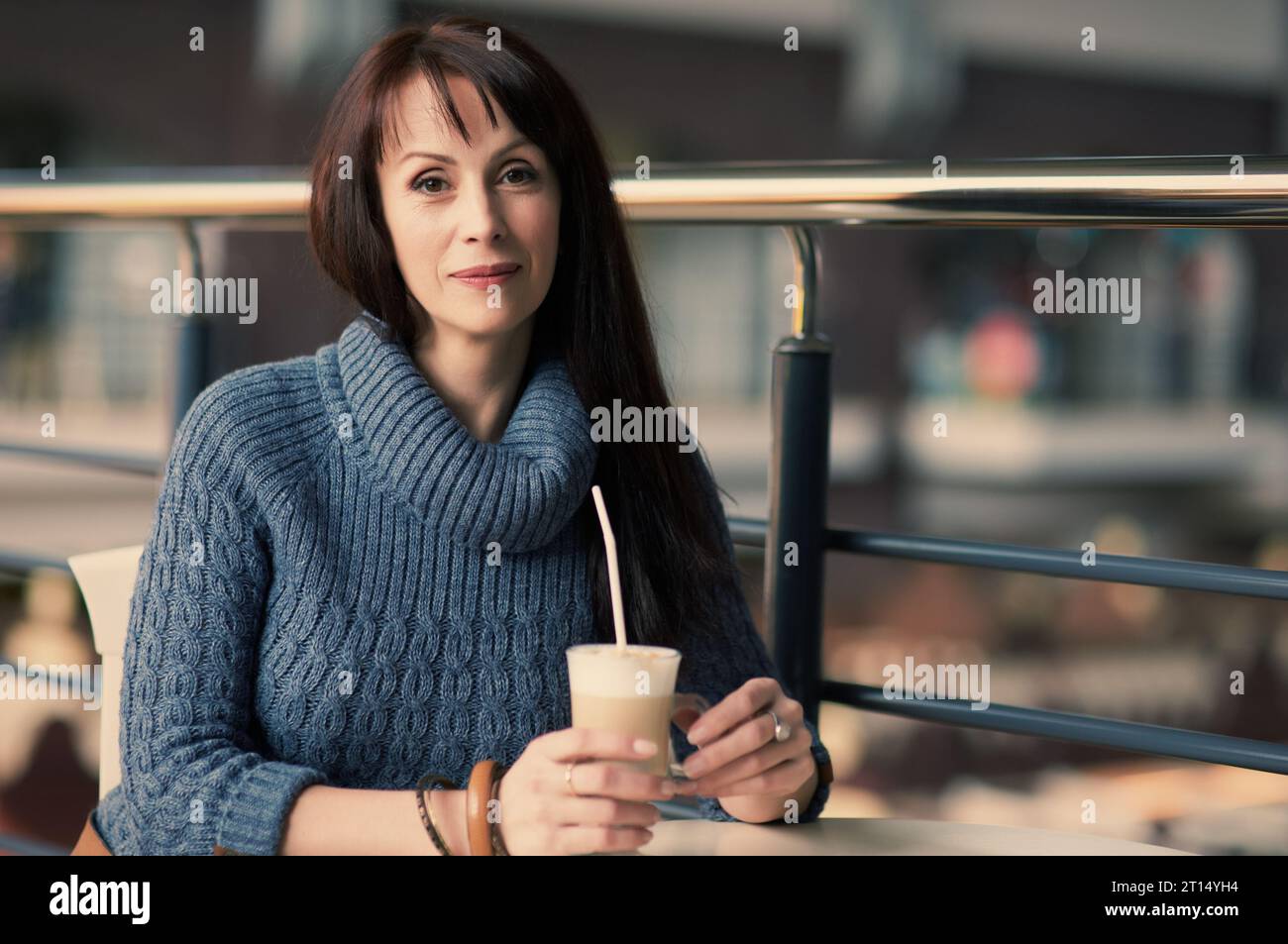 happy lonely woman drinking coffee in cafe Stock Photo - Alamy