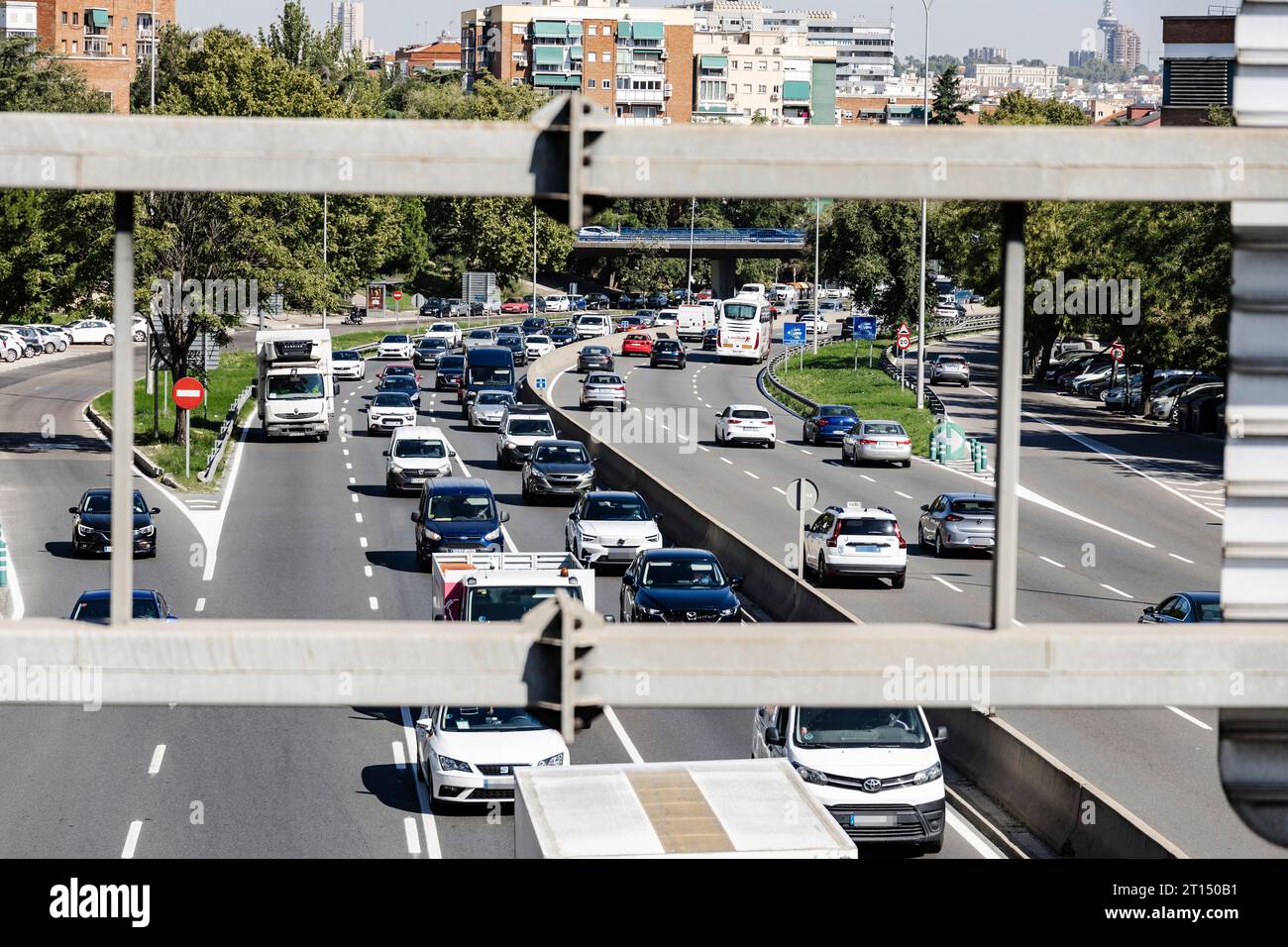 Traffic on the A42 highway at the exit towards Toledo, at the beginning ...