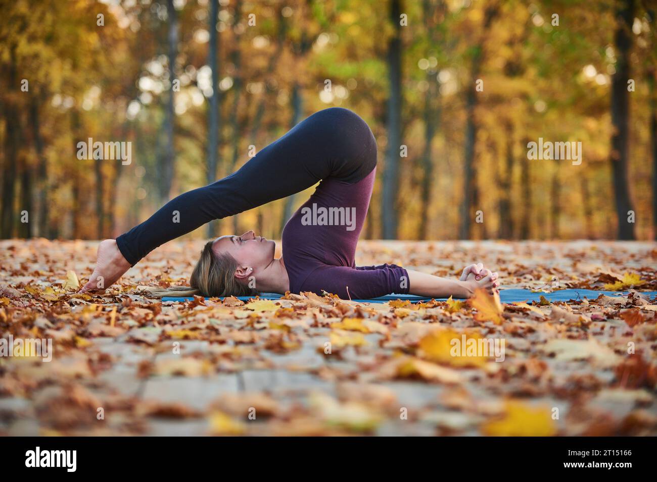 Beautiful young woman practices yoga asana Halasana Plough pose on the ...