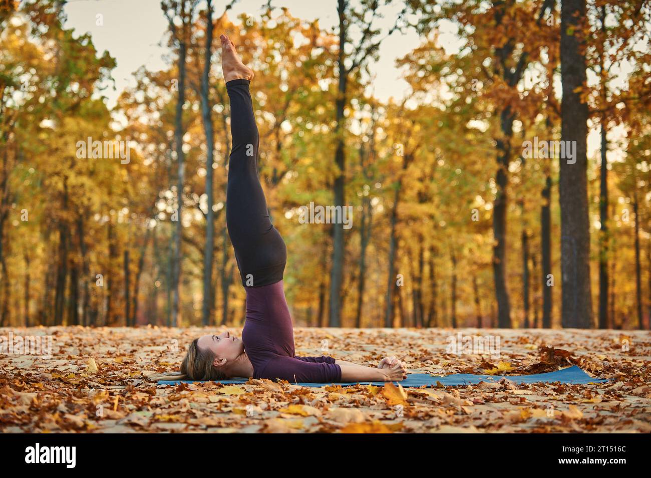 Beautiful young woman practices yoga asana Niralamba Sarvangasana ...