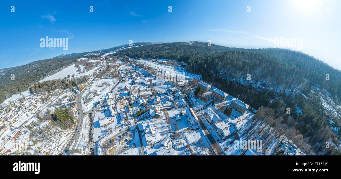 Aerial view to the wintry Bavarian Forest around Bayerisch Eisenstein ...