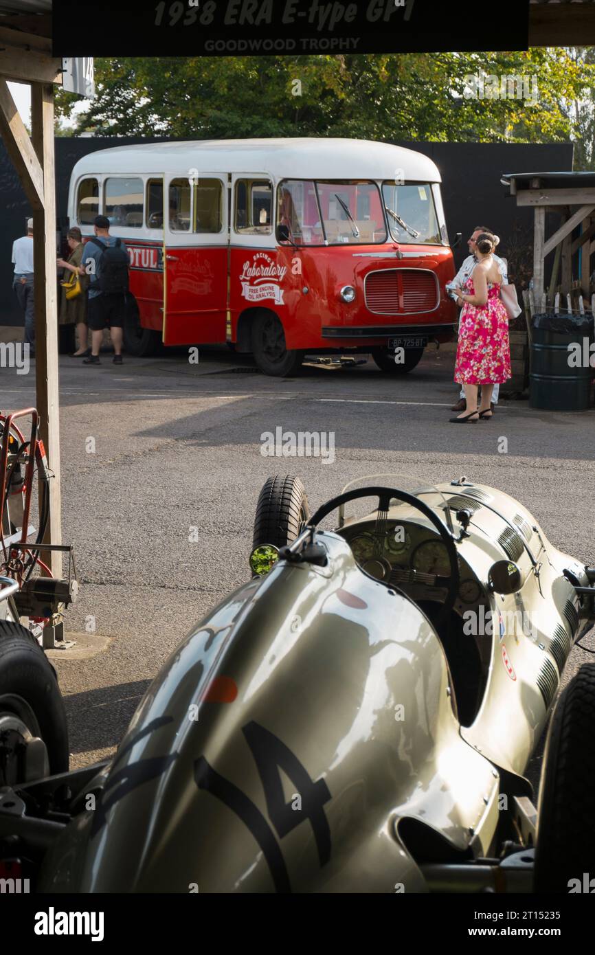 1938 ERA E-type GP1 with Motul racing laboratory van at the BARC ...