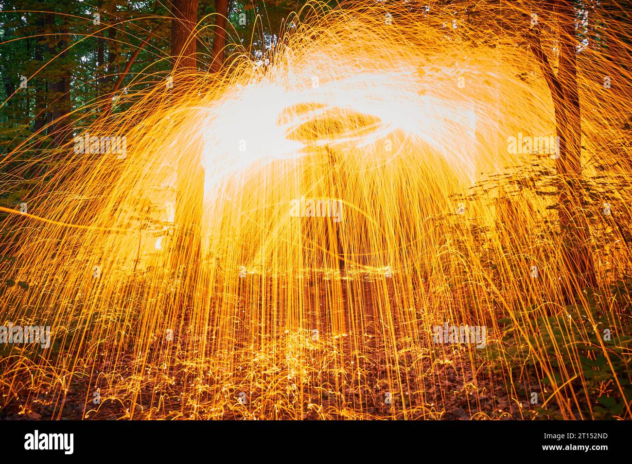 Burning steel wool spinned in the forest. Showers of glowing sparks ...