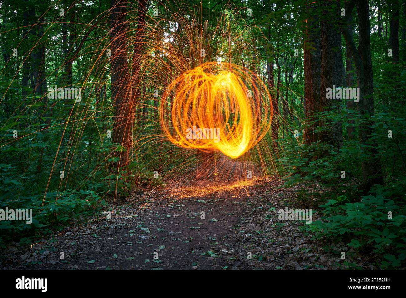 Burning steel wool spinned in the forest. Showers of glowing sparks ...
