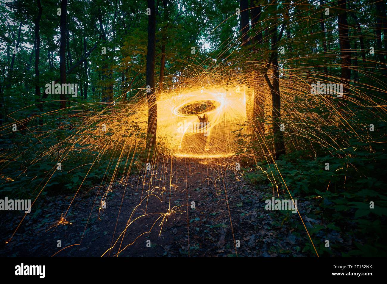 Burning steel wool spinned in the forest. Showers of glowing sparks ...