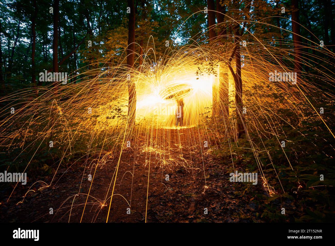 Burning steel wool spinned in the forest. Showers of glowing sparks ...