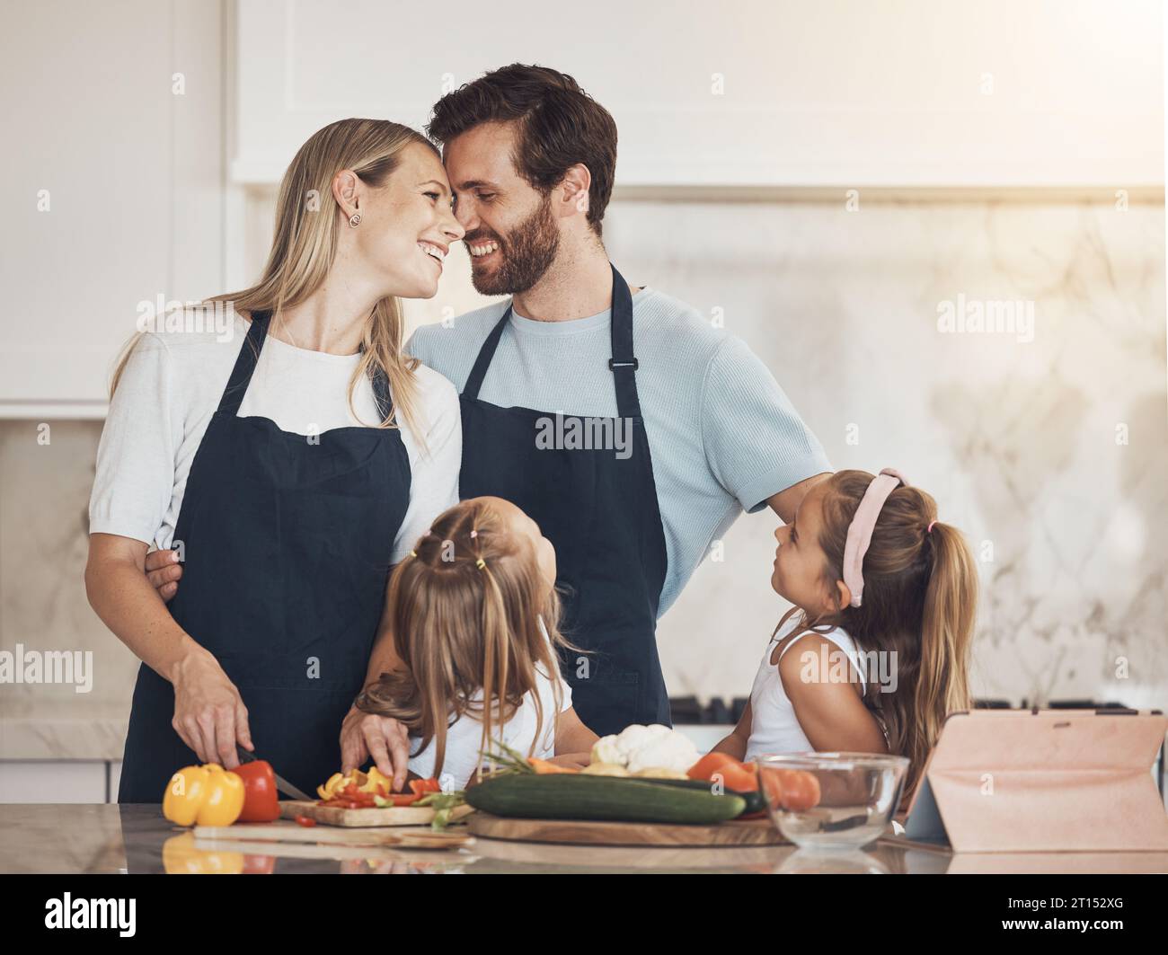 Cooking, kids or happy parents with food or siblings for a healthy ...