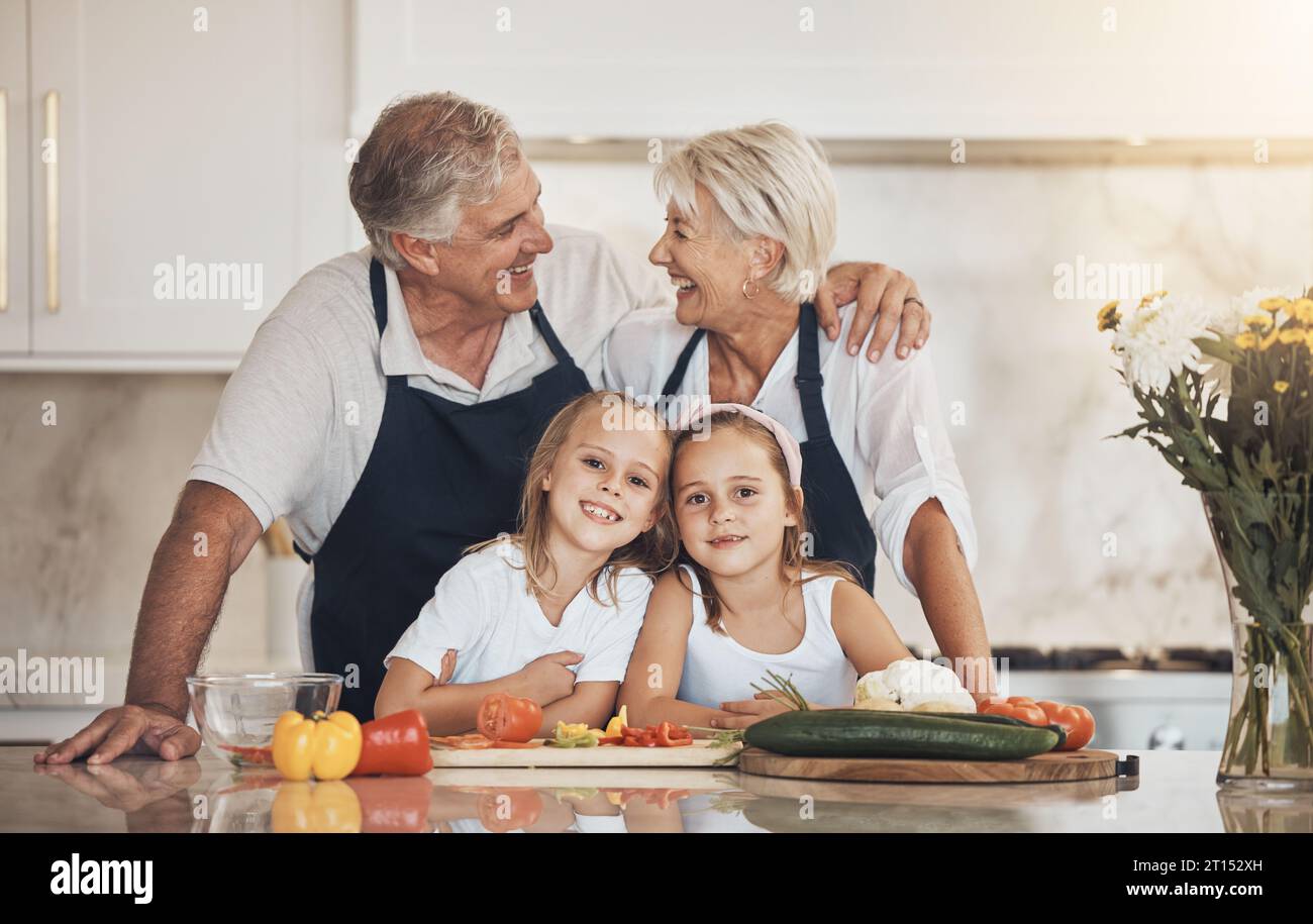 Happy family, love and grandparents with grandchildren cooking in a ...