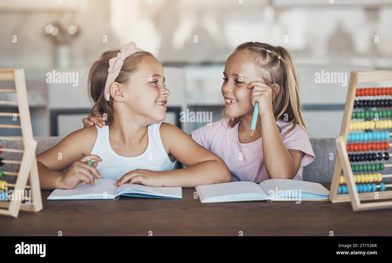 Students, girl children and education, homework and abacus with ...