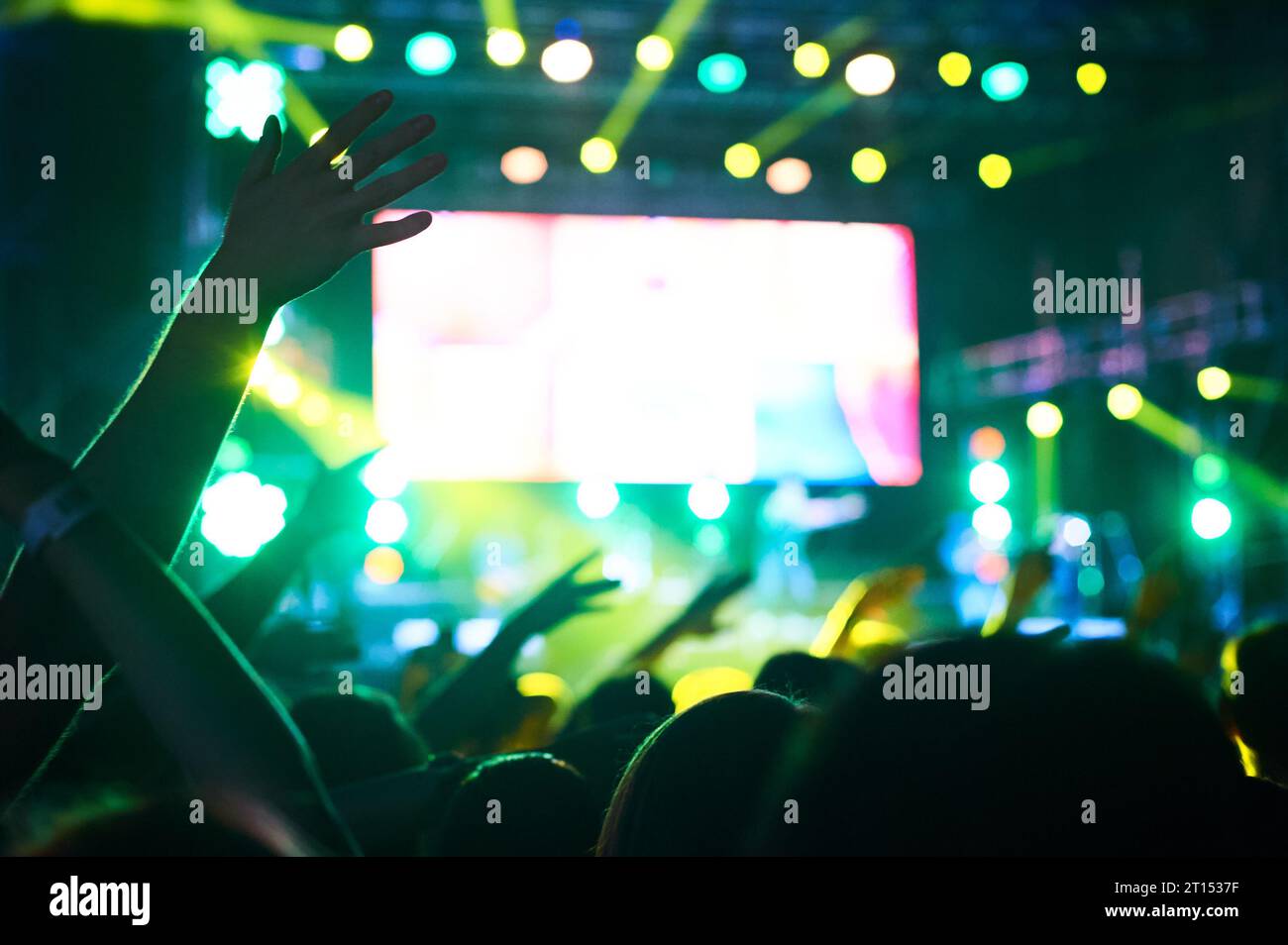 Crowd of audience with hands raised at a music festival. Lights ...