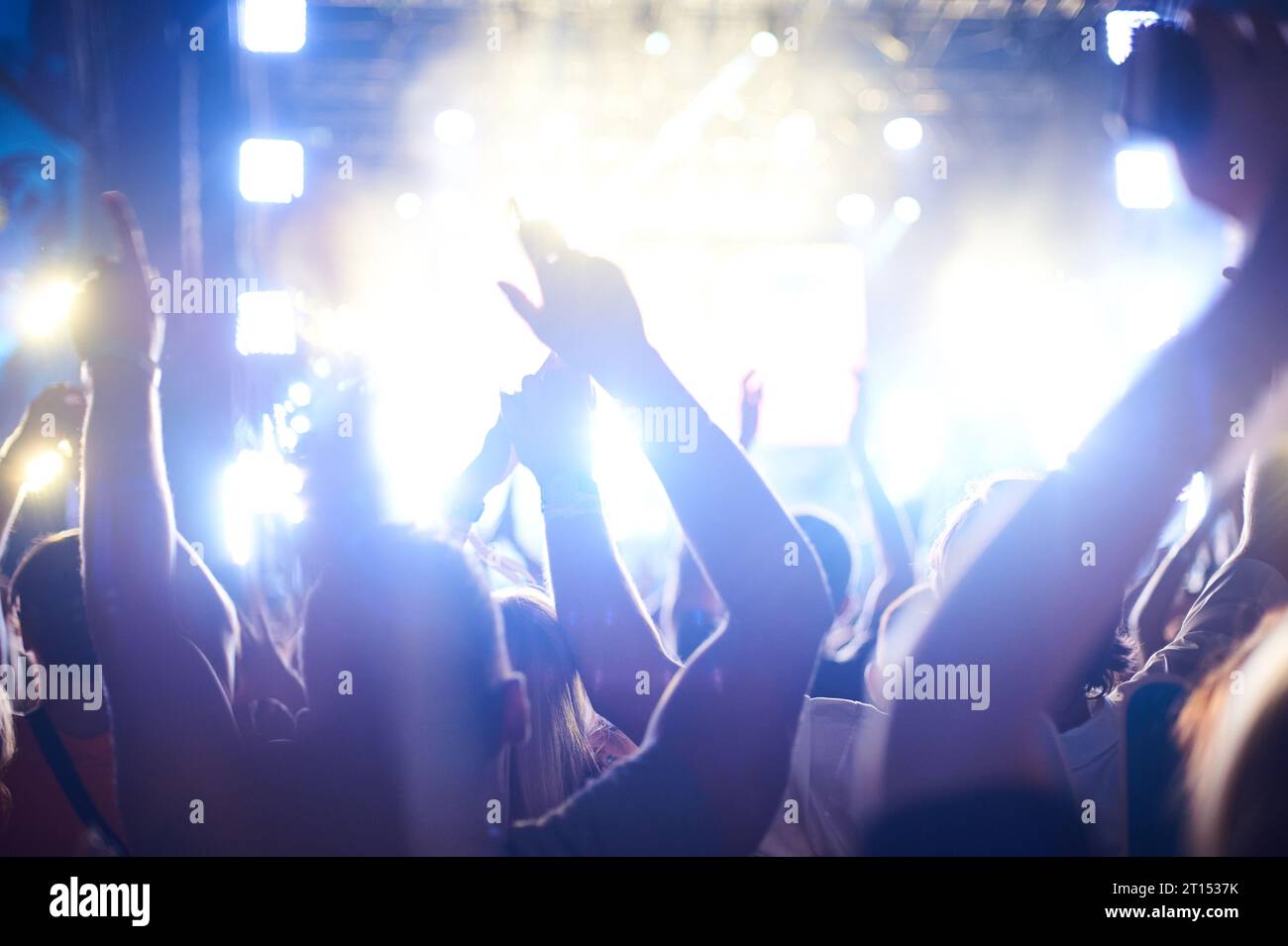 Crowd of audience with hands raised at a music festival. Lights ...