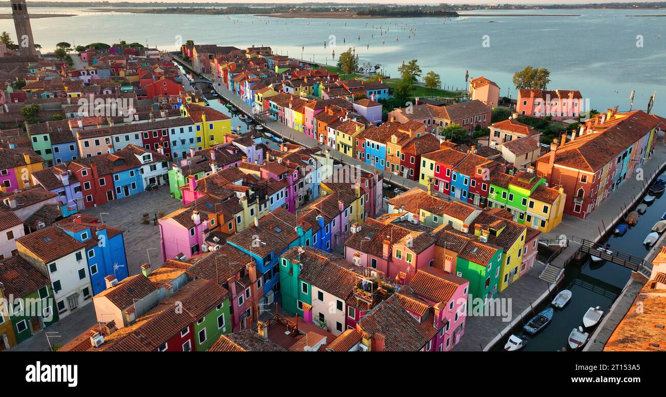 Aerial view of the colorful houses of the Burano Island, in the Venice ...