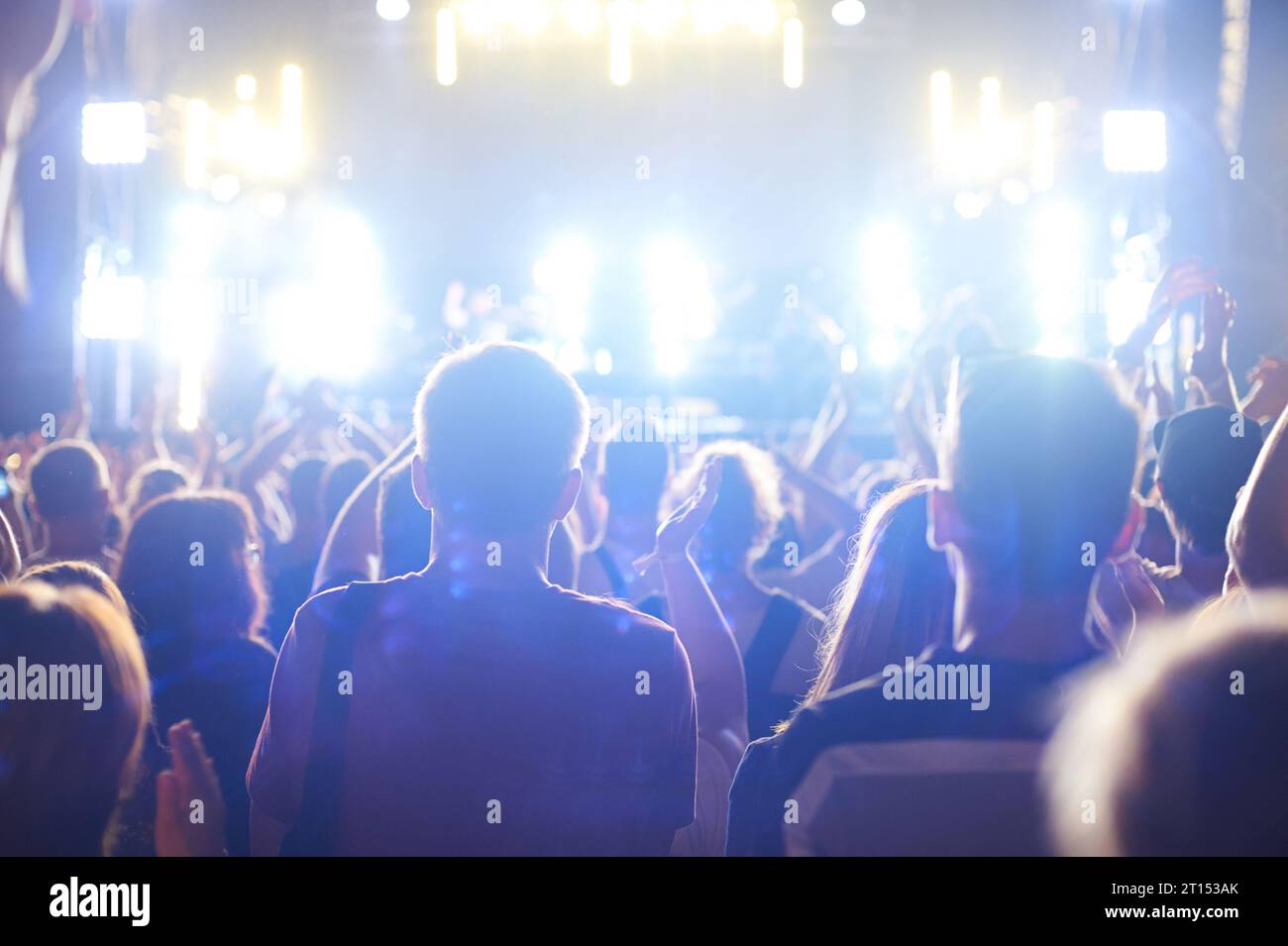 Crowd of audience with hands raised at a music festival. Lights ...