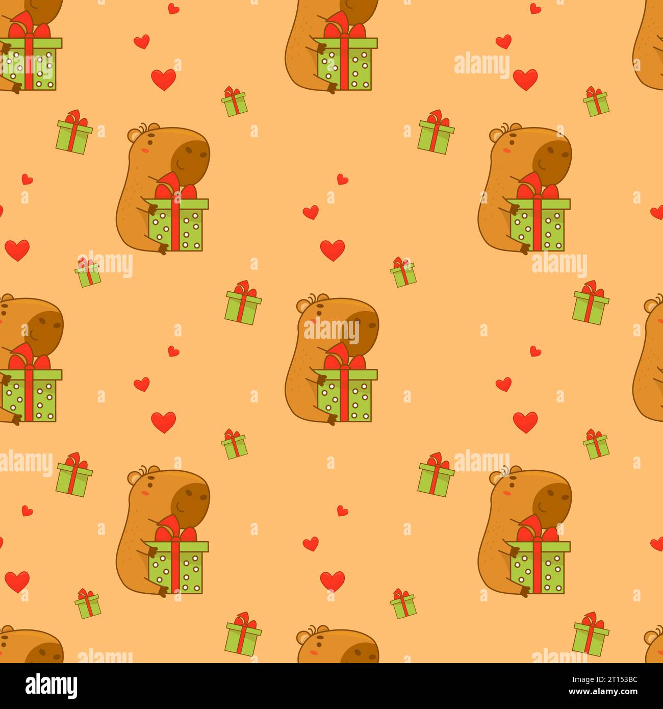 Seamless pattern. Cute animal cartoon capybara with gift on yellow ...