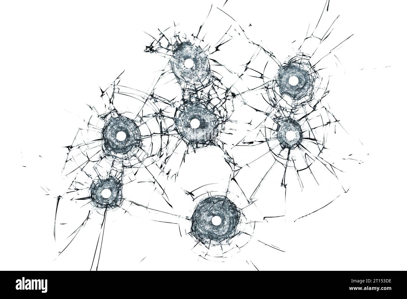 Broken glass multiple bullet holes in glass isolated on white ...