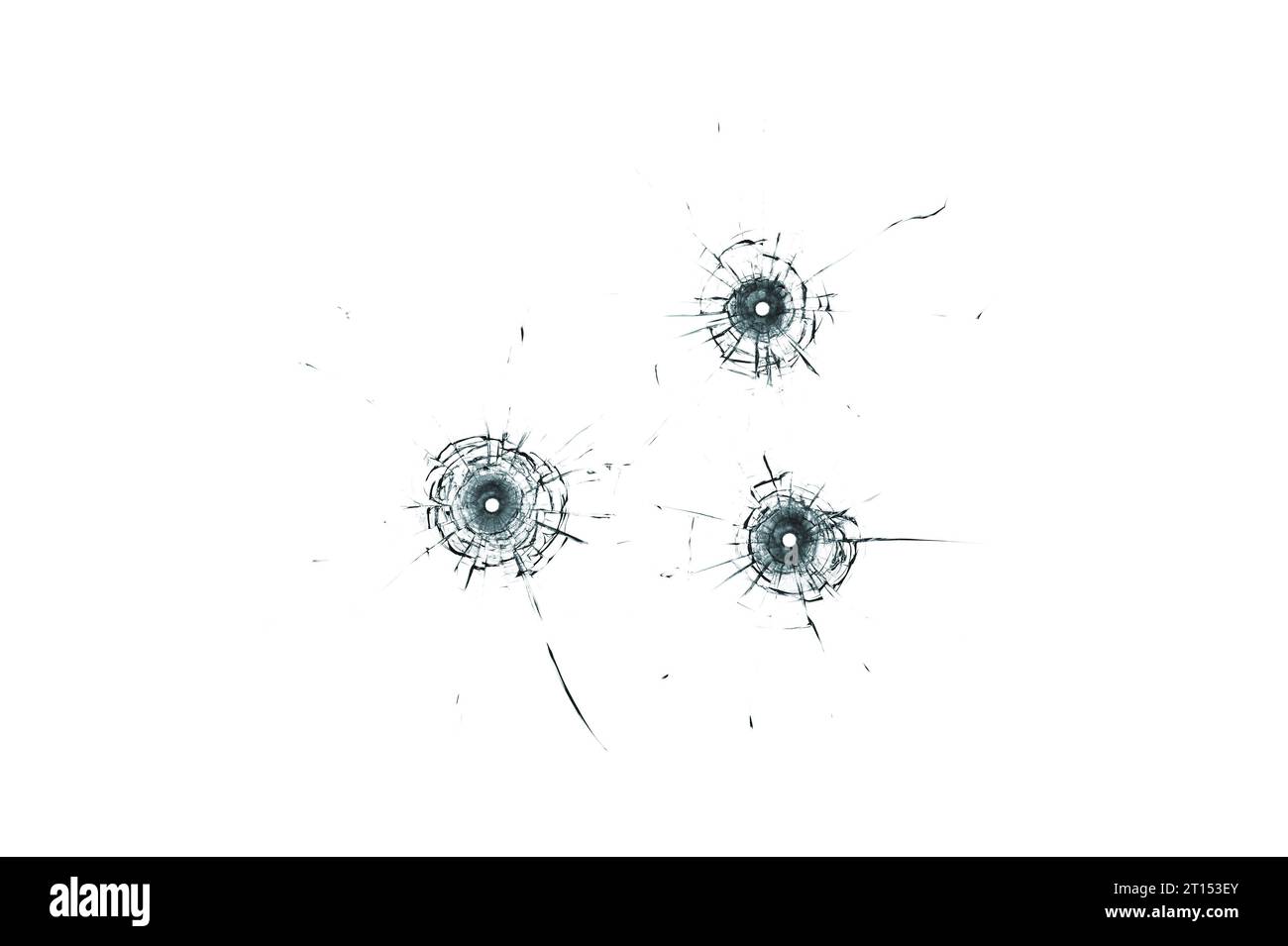 Broken glass triple bullet holes in glass isolated on white background ...