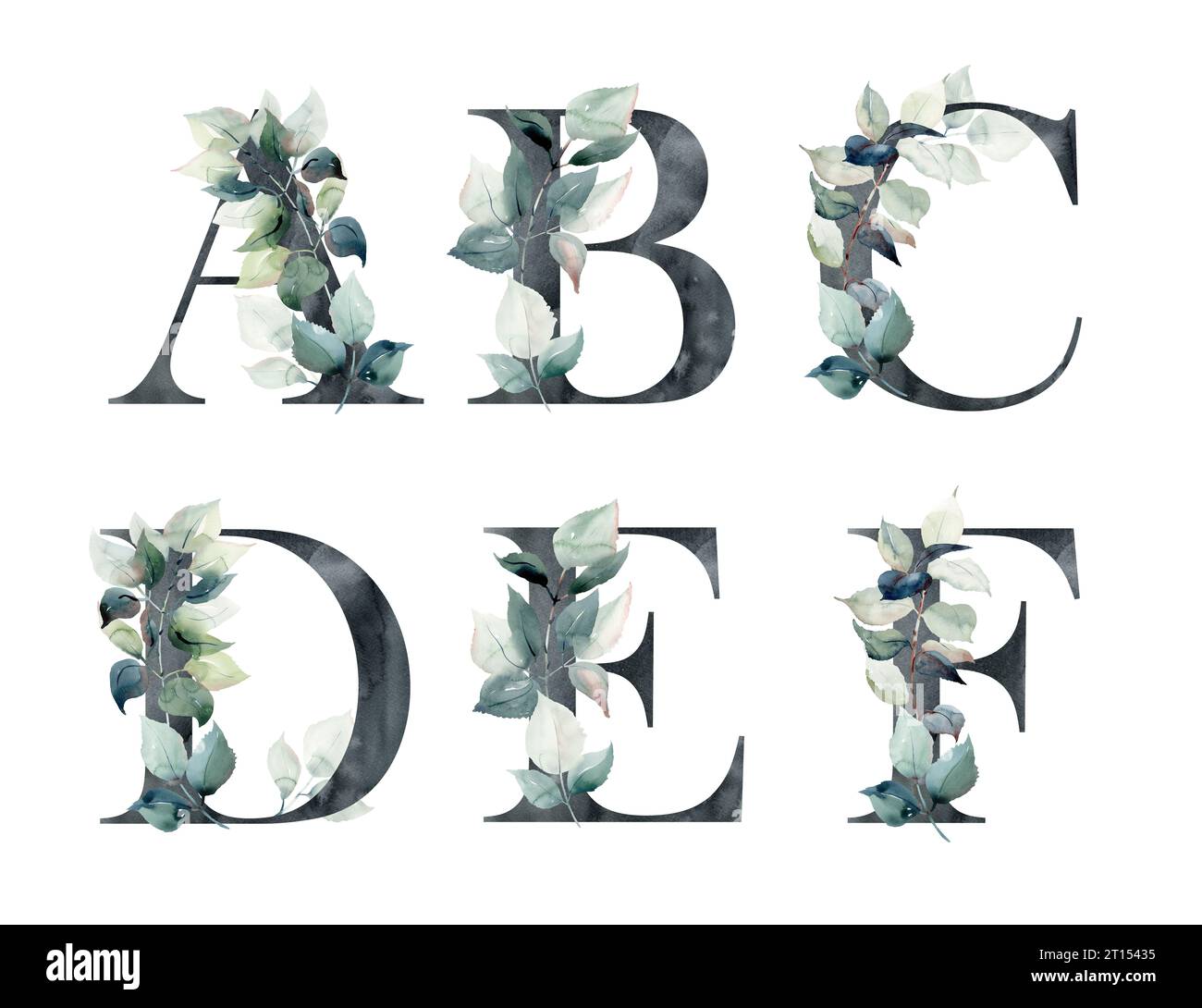 Watercolor floral alphabet with leaves for wedding invitations ...