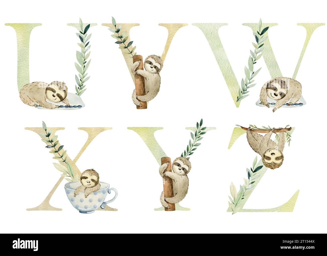 Watercolor letters with cute sloths for invitation card, nursery poster ...
