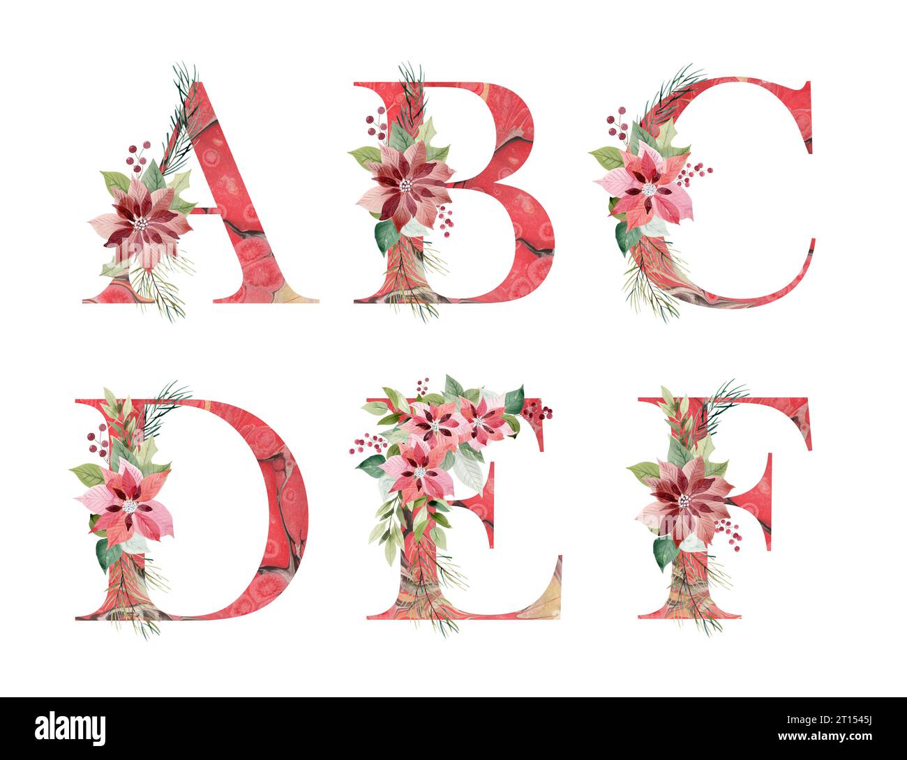 Watercolor christmas floral alphabet for invitations, greeting card ...