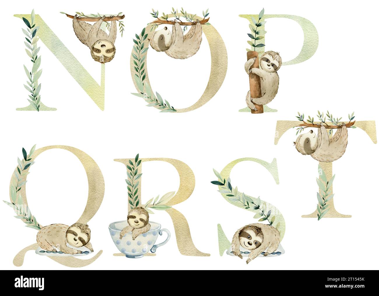 Watercolor letters with cute sloths for invitation card, nursery poster ...