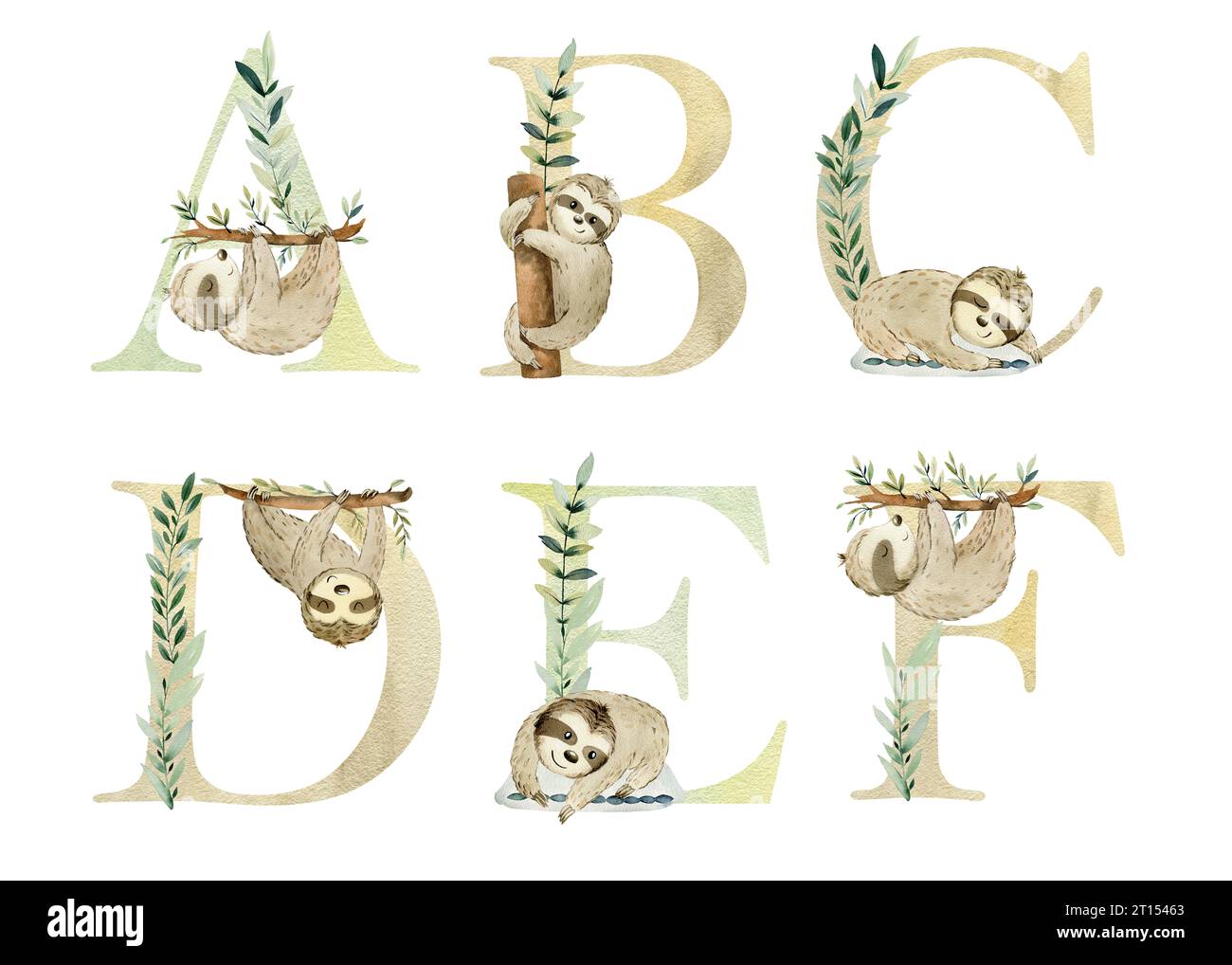 Watercolor letters with cute sloths for invitation card, nursery poster ...