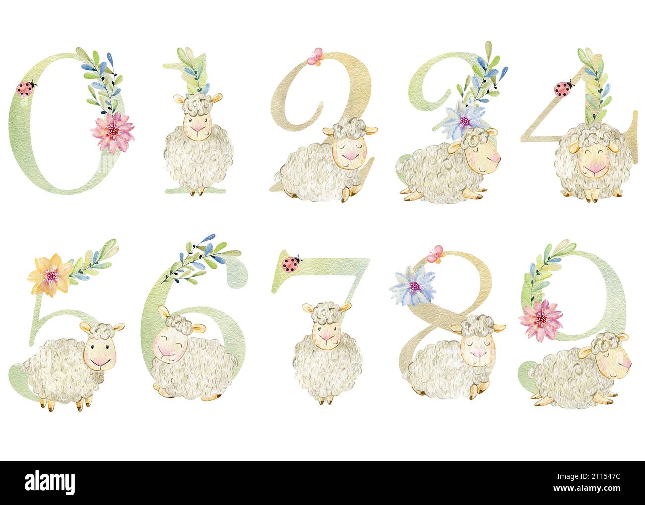 Watercolor letters with numbers for invitation card, nursery poster and ...