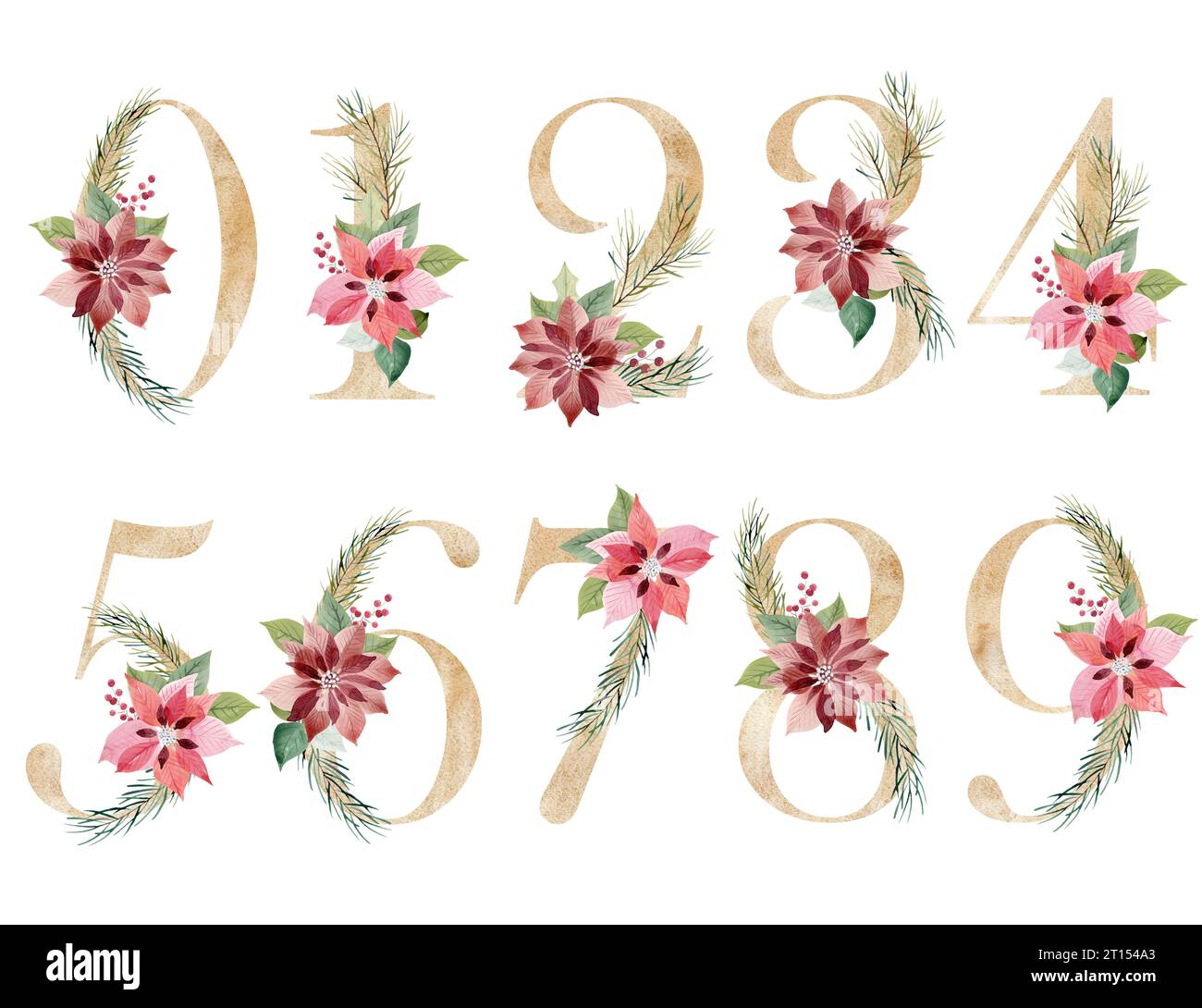 Watercolor christmas floral numbers for invitations, greeting card ...