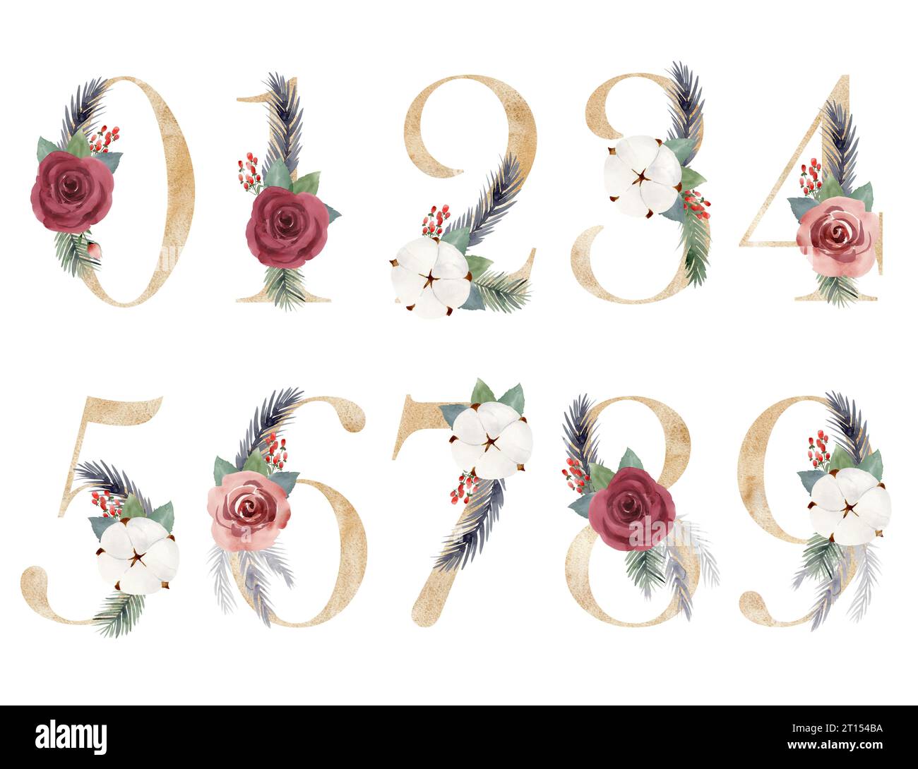 Watercolor christmas floral numbers for invitations, greeting card ...