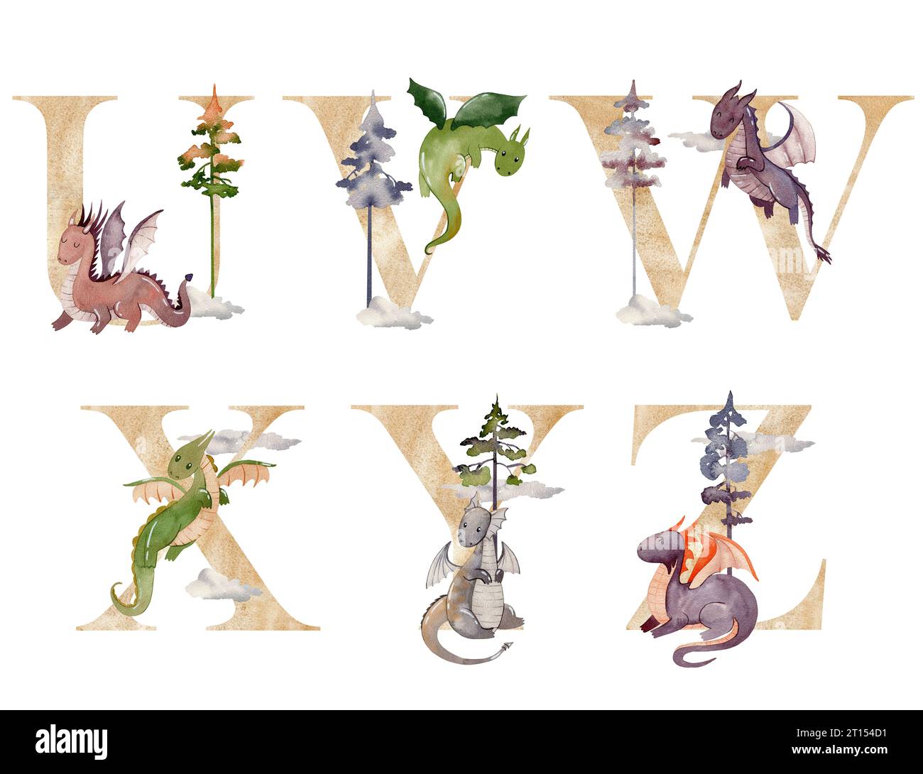 Watercolor dragons letters for invitation card, nursery poster, baby ...