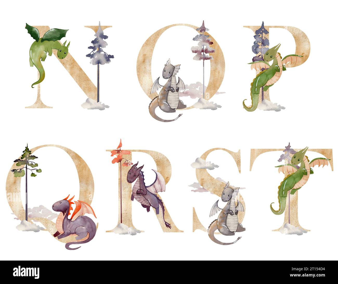 Watercolor dragons letters for invitation card, nursery poster, baby ...