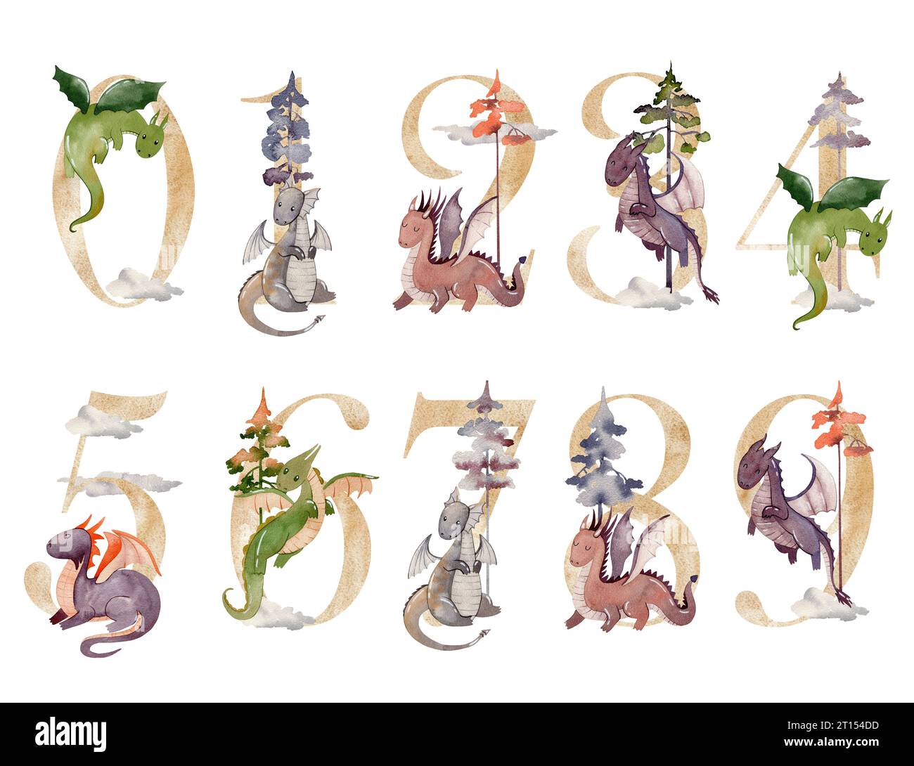 Watercolor dragons numbers Stock Photo - Alamy