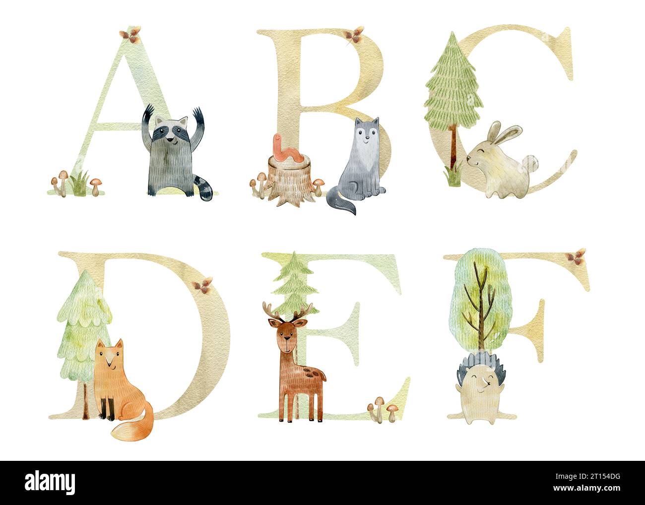 Watercolor woodland animals letters for invitation card, nursery poster ...
