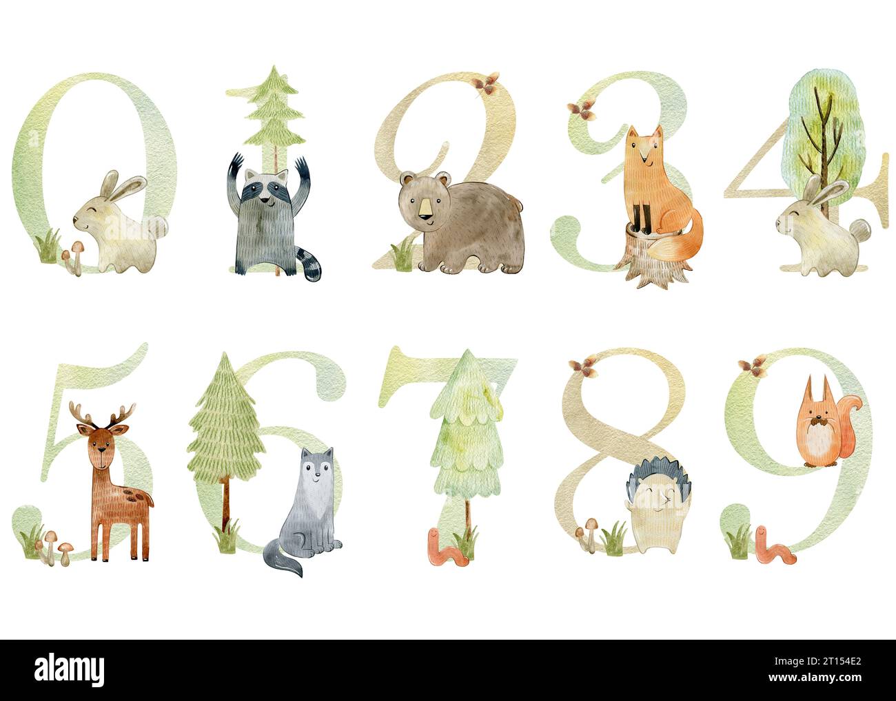 Watercolor animals numbers Stock Photo - Alamy