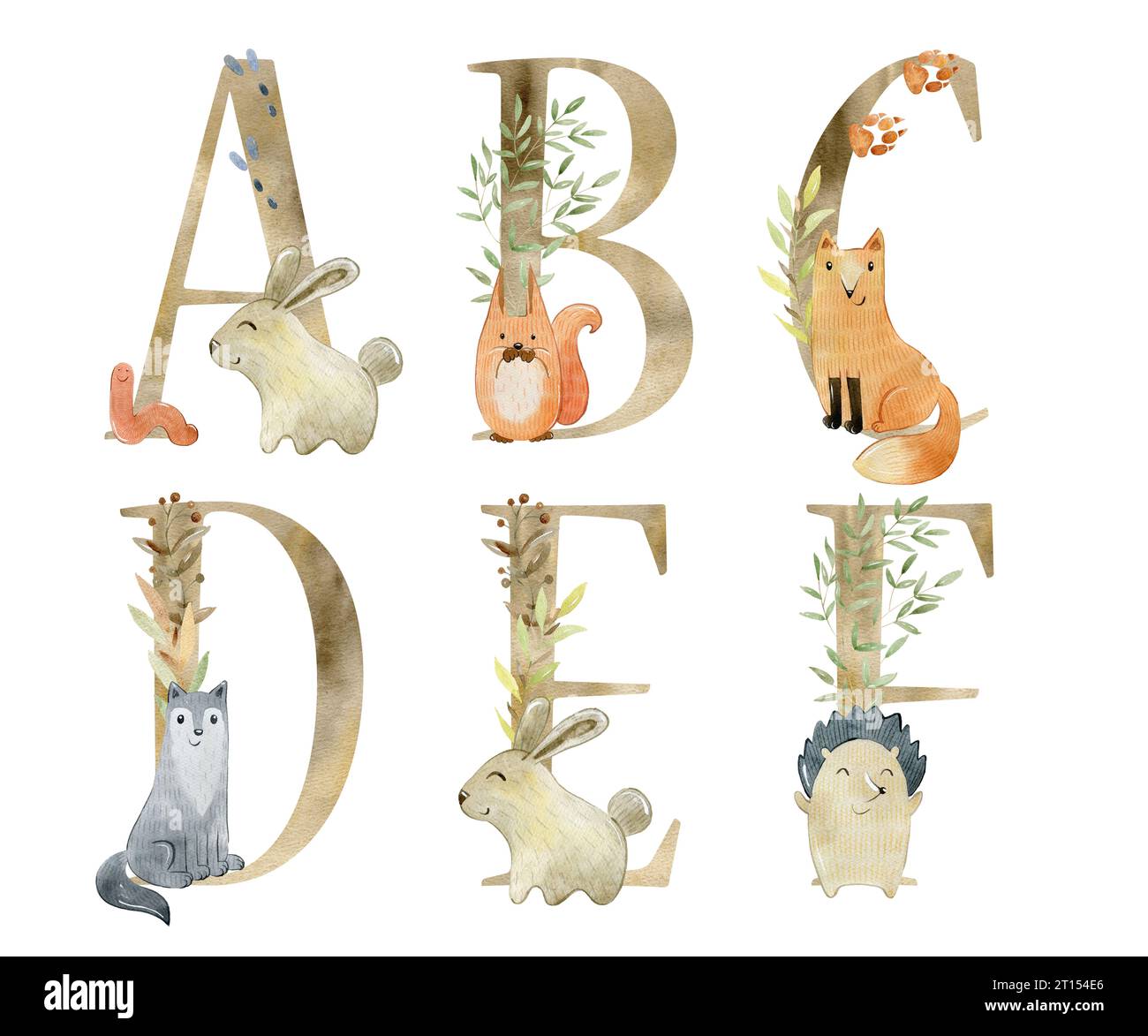 Watercolor woodland animals letters for invitation card, nursery poster ...