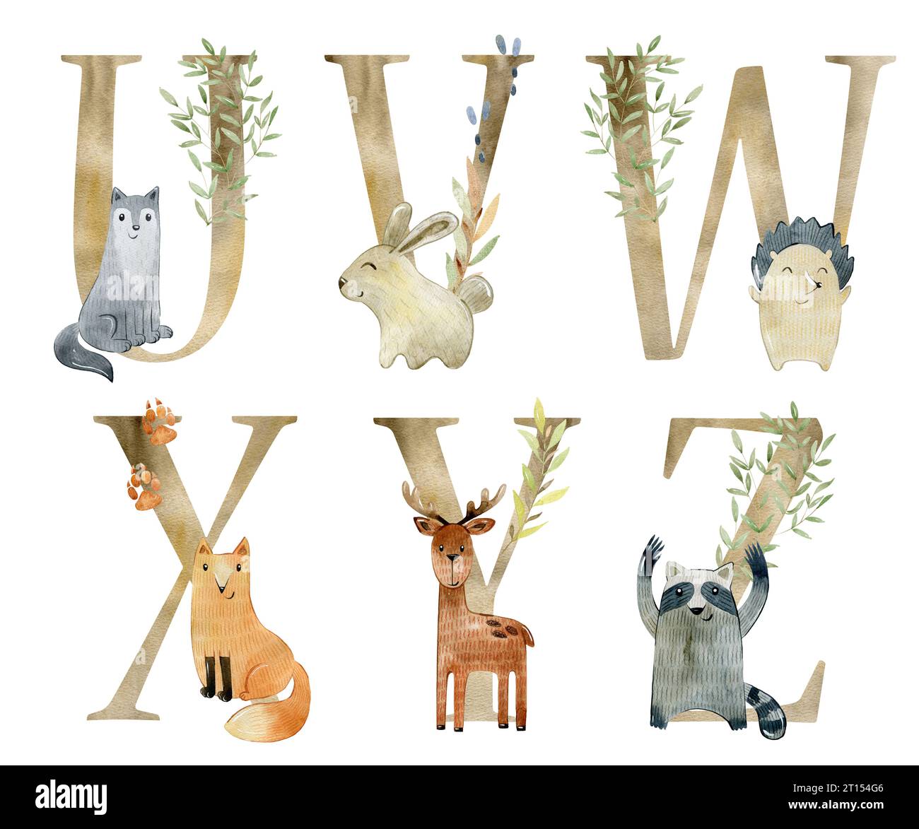 Watercolor animals letters Stock Photo - Alamy