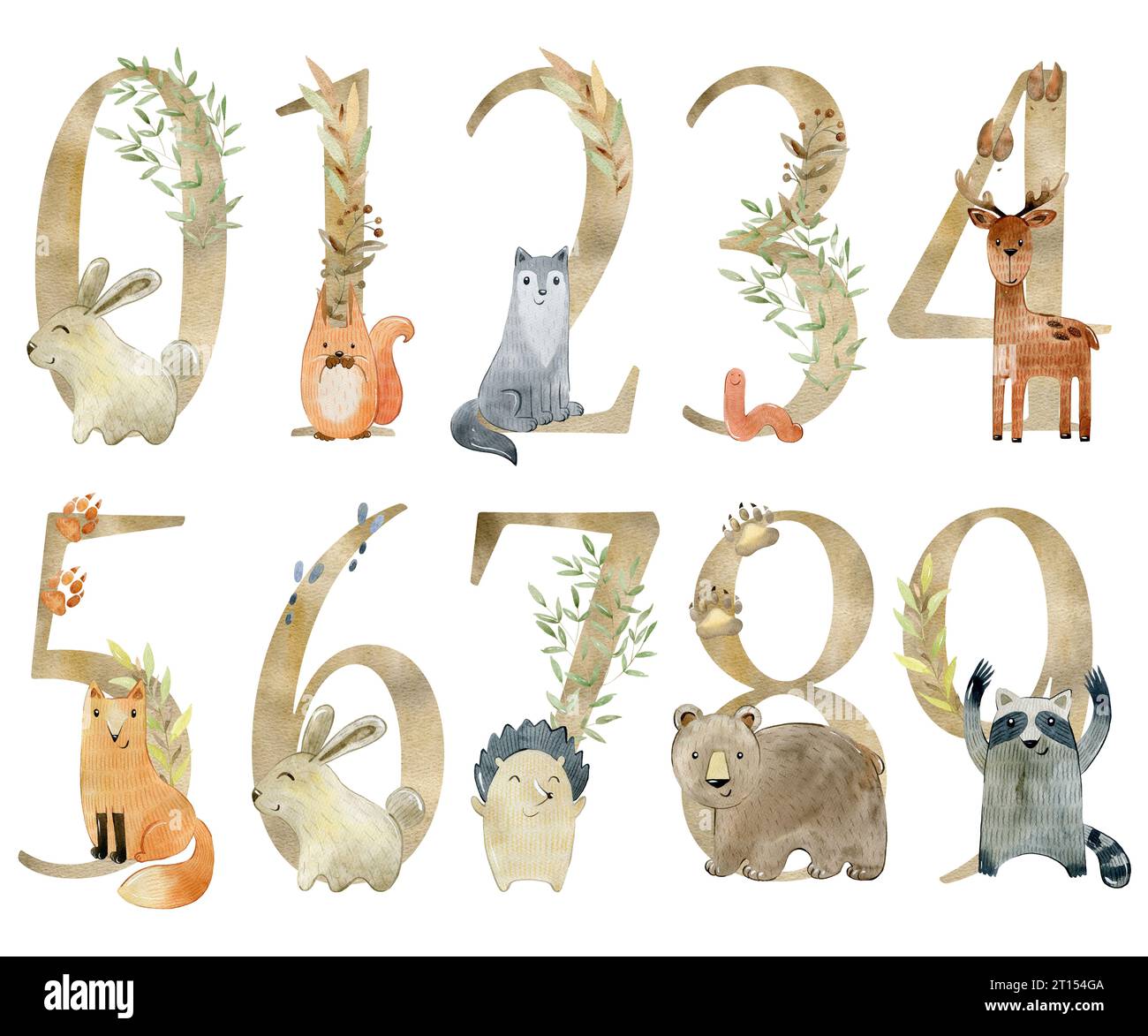 Watercolor animals numbers Stock Photo - Alamy