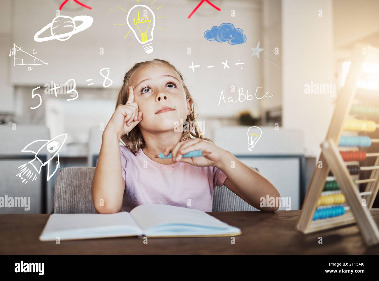 Child, thinking and homework with light bulb for learning math, numbers ...